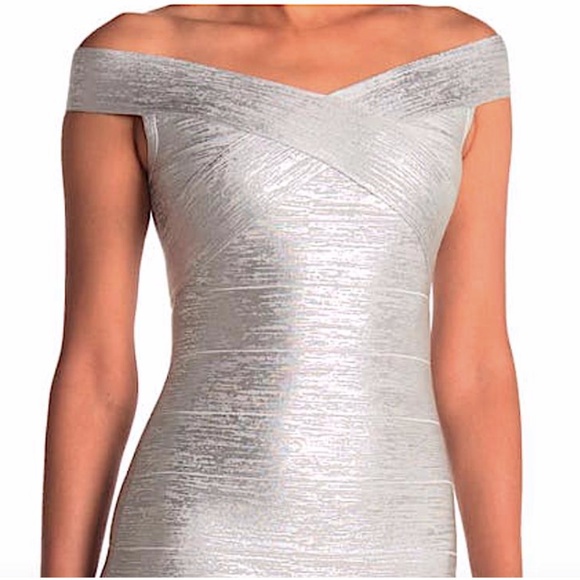 Hervé Leger | Dresses | Herv Leger Silver Foil With Tag Offtheshoulder ...
